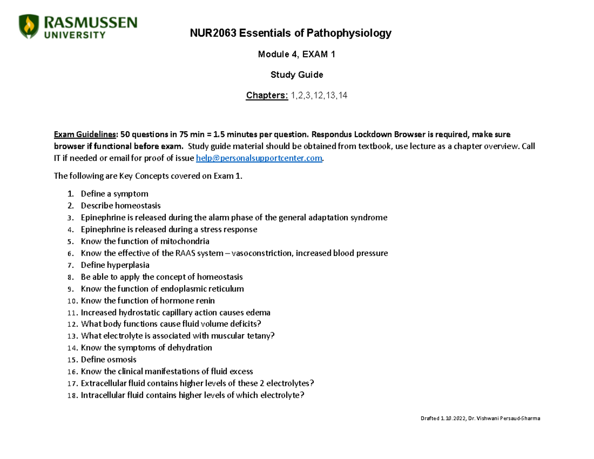 NUR2063 Patho Exam 1 Study Guide - Module 4, EXAM 1 Study Guide ...
