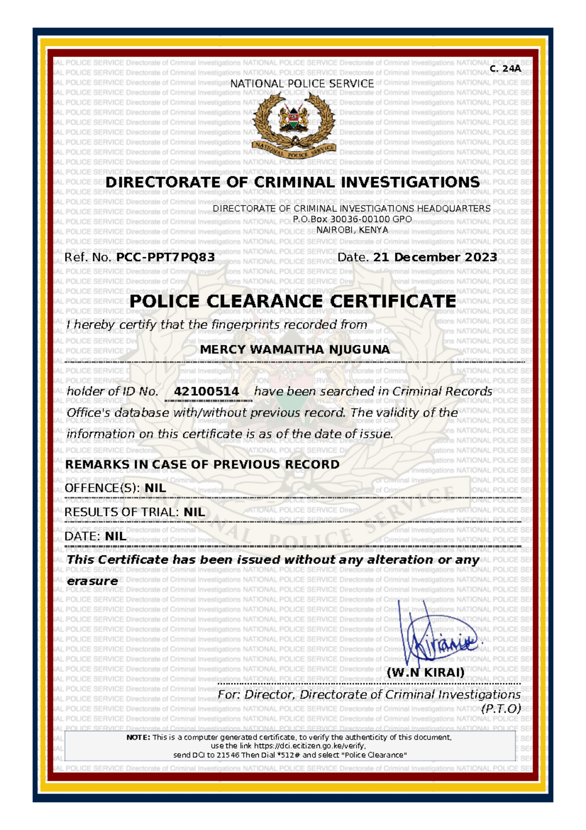 Police Clearance Certificate - C. 24A NATIONAL POLICE SERVICE DIRECTORATE OF CRIMINAL ...