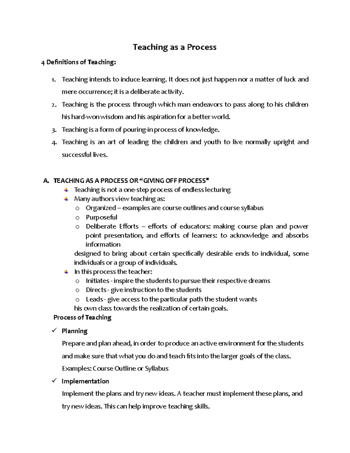 Teaching as a process - Lecture notes 1,2 - Teaching as a Process 4 ...
