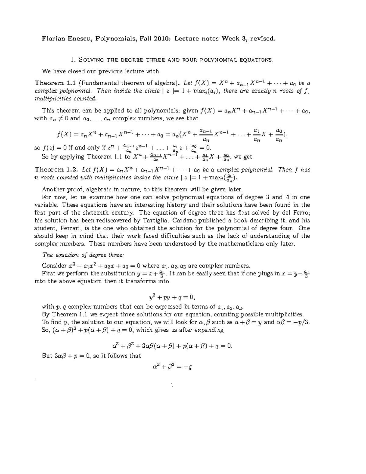 Lecture Notes Week 3 Florian Enescu Polynomials Fall 2010 Lecture Notes Week 3 Revised