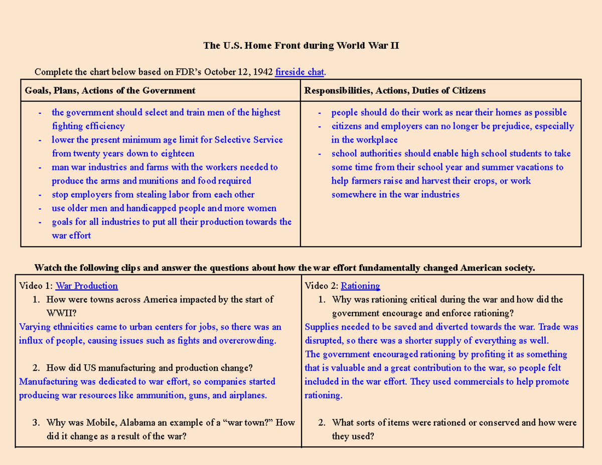 wwii home front - The U. Home Front during World War II Complete the ...