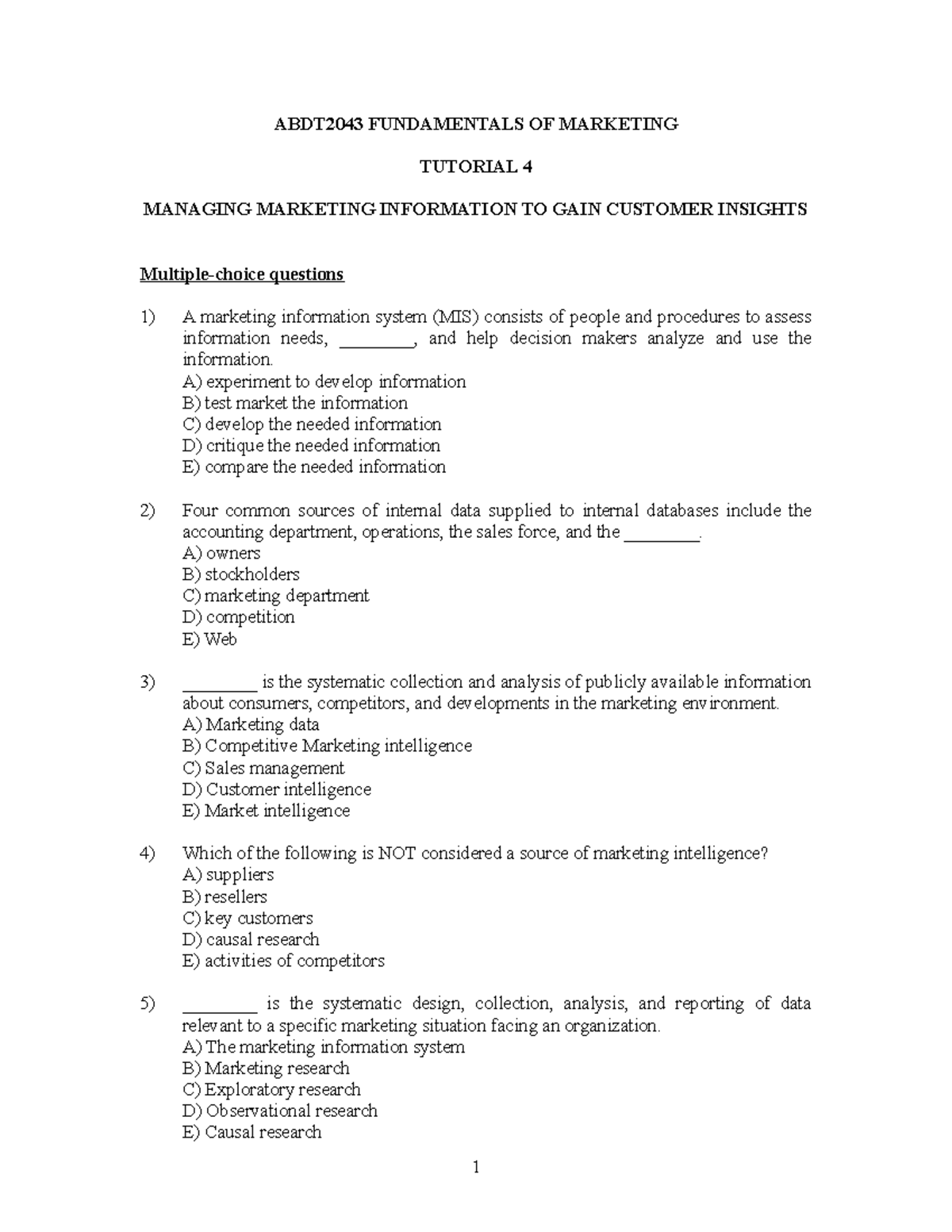 Tut 4 - Q - good - ABDT2043 FUNDAMENTALS OF MARKETING TUTORIAL 4 ...