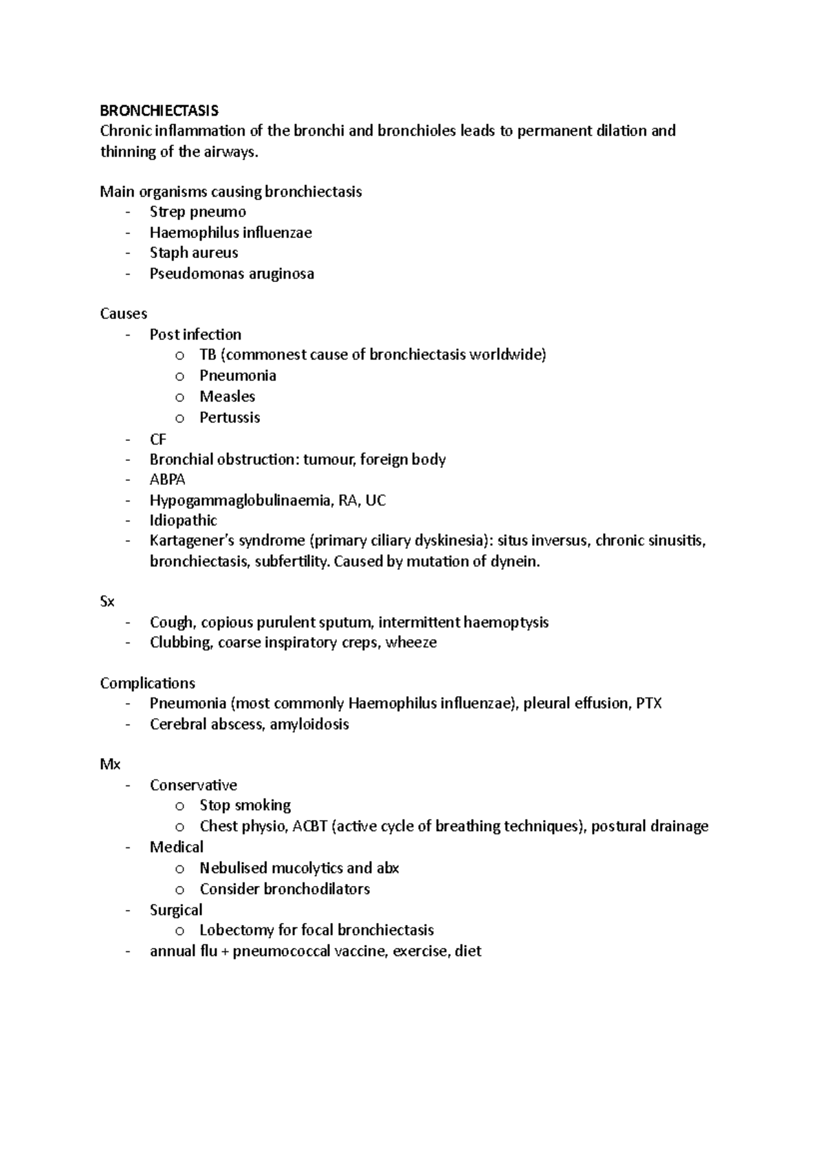 Finals notes on bronchiectasis - BRONCHIECTASIS Chronic inflammation of ...