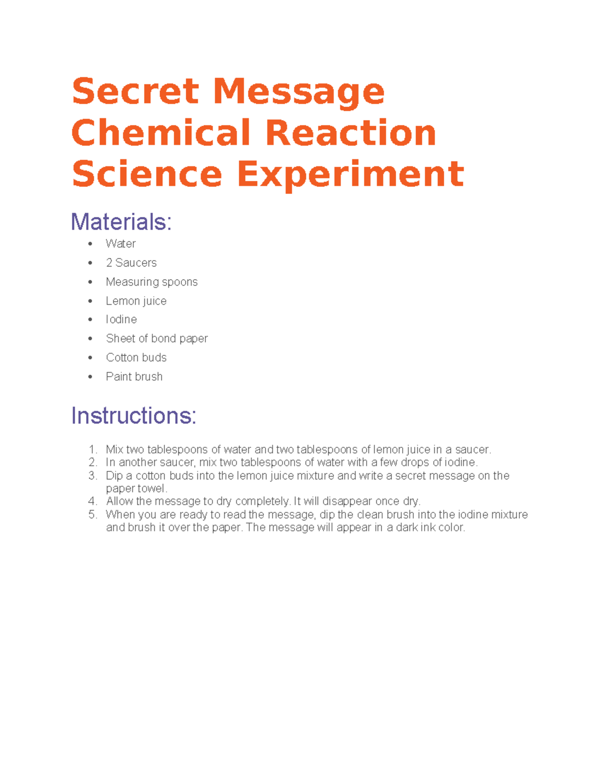 Secret Message Chemical Reaction Science Experiment - Secret Message ...