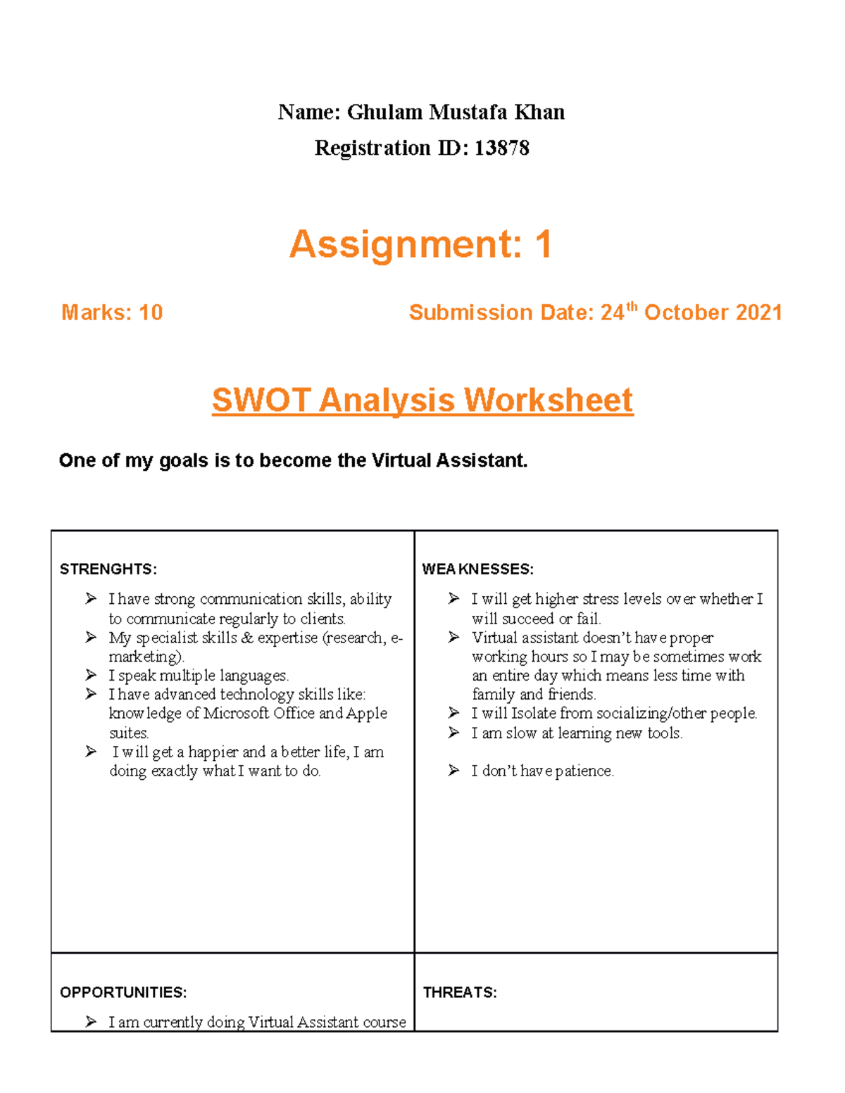SWOT analysis Assignment by 13878 - Name: Ghulam Mustafa Khan ...