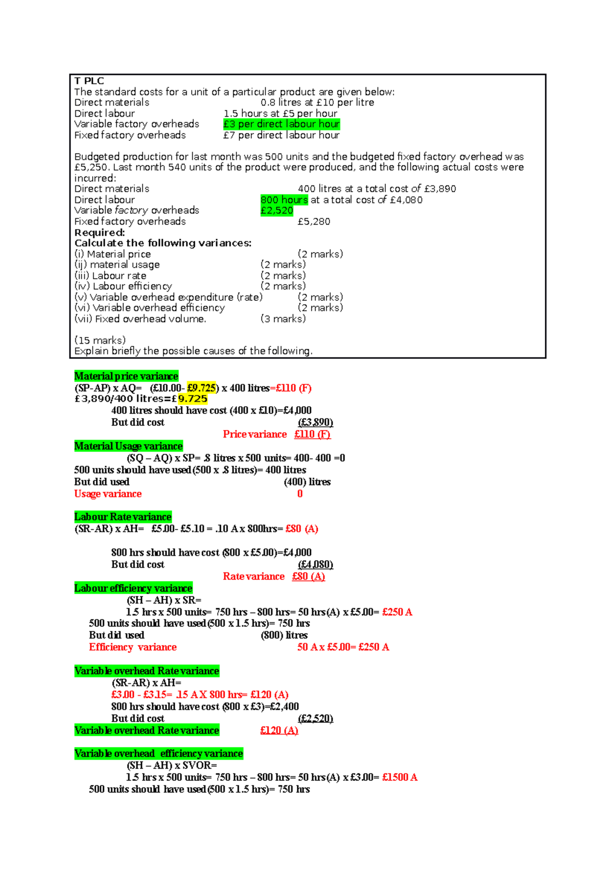 T PLC Variance - Business + accounting - T PLC The standard costs for a ...