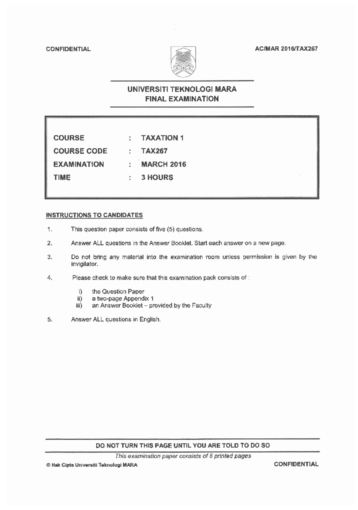 PAST YEAR QUESTION March 2016 - Taxations - Studocu