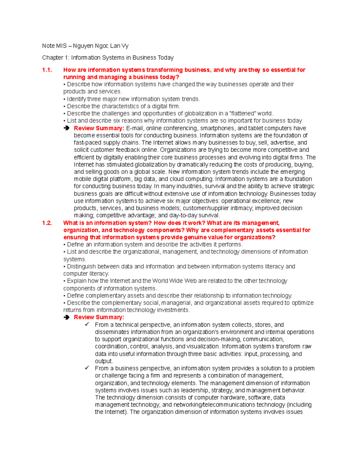 Note-MIS - Note midterm - Note MIS – Nguyen Ngoc Lan Vy Chapter 1 ...