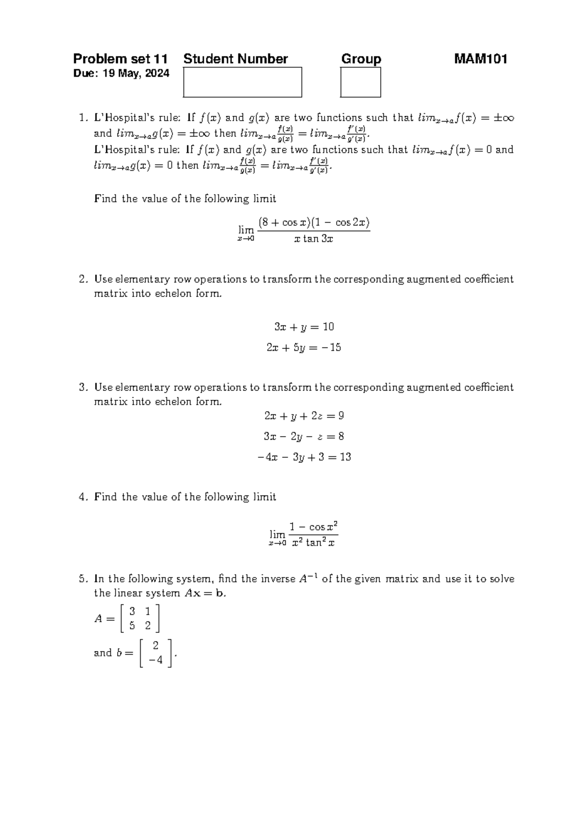 Problem Set 11 - IT PROVIDES MANY EXAMPLES - Problem set 11 Student Number Group MAM Due: 19 May ...