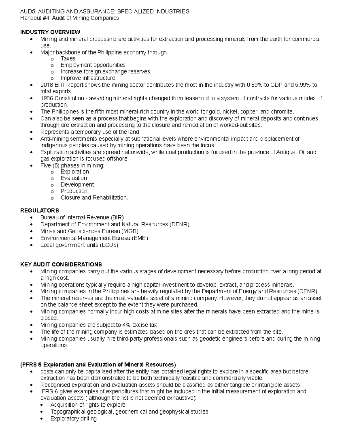 AUD5 aud5 aud 5 - AUD5: AUDITING AND ASSURANCE: SPECIALIZED INDUSTRIES Handout #4: Audit of ...
