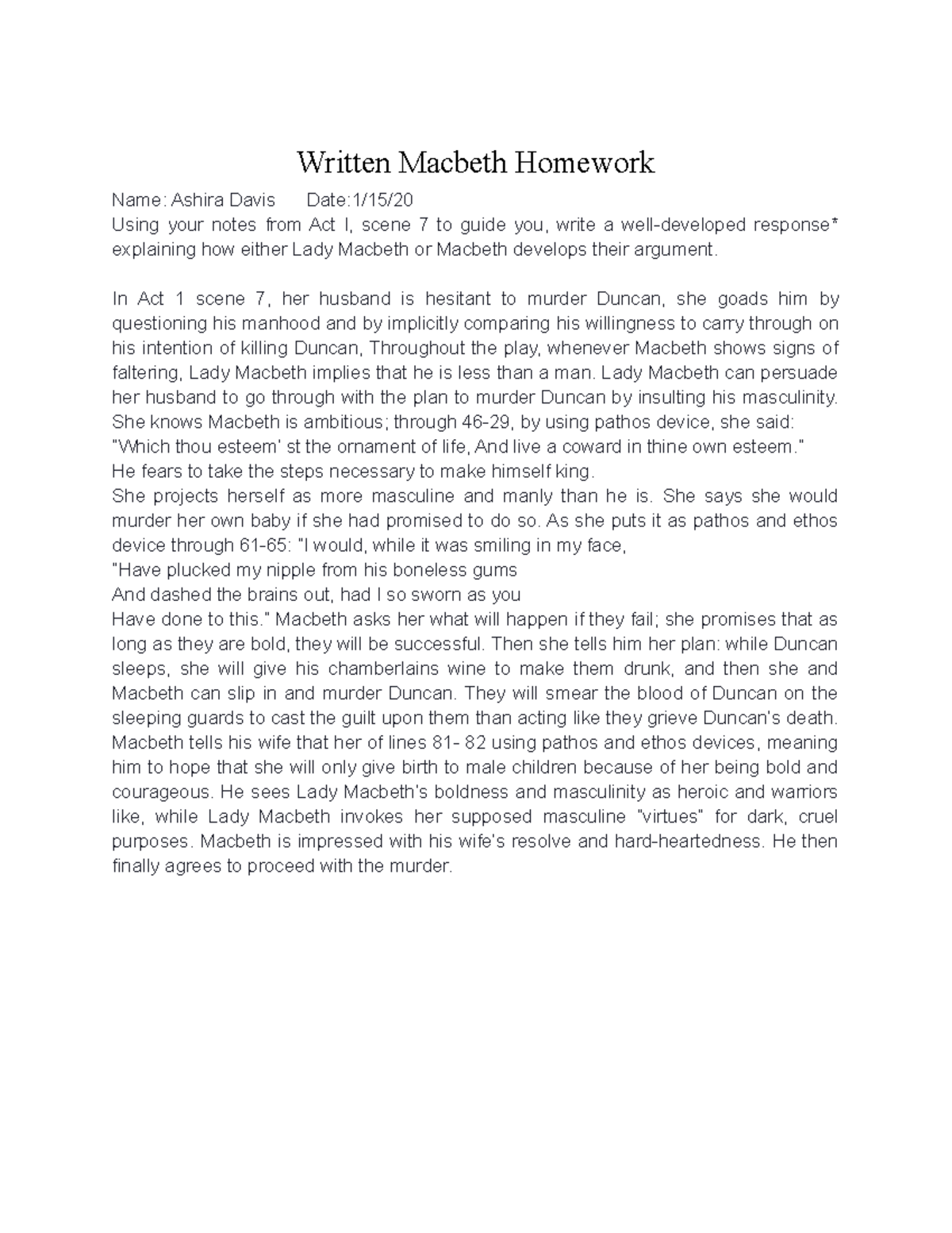 Written Macbeth Homework - Written Macbeth Homework Name: Ashira Davis ...