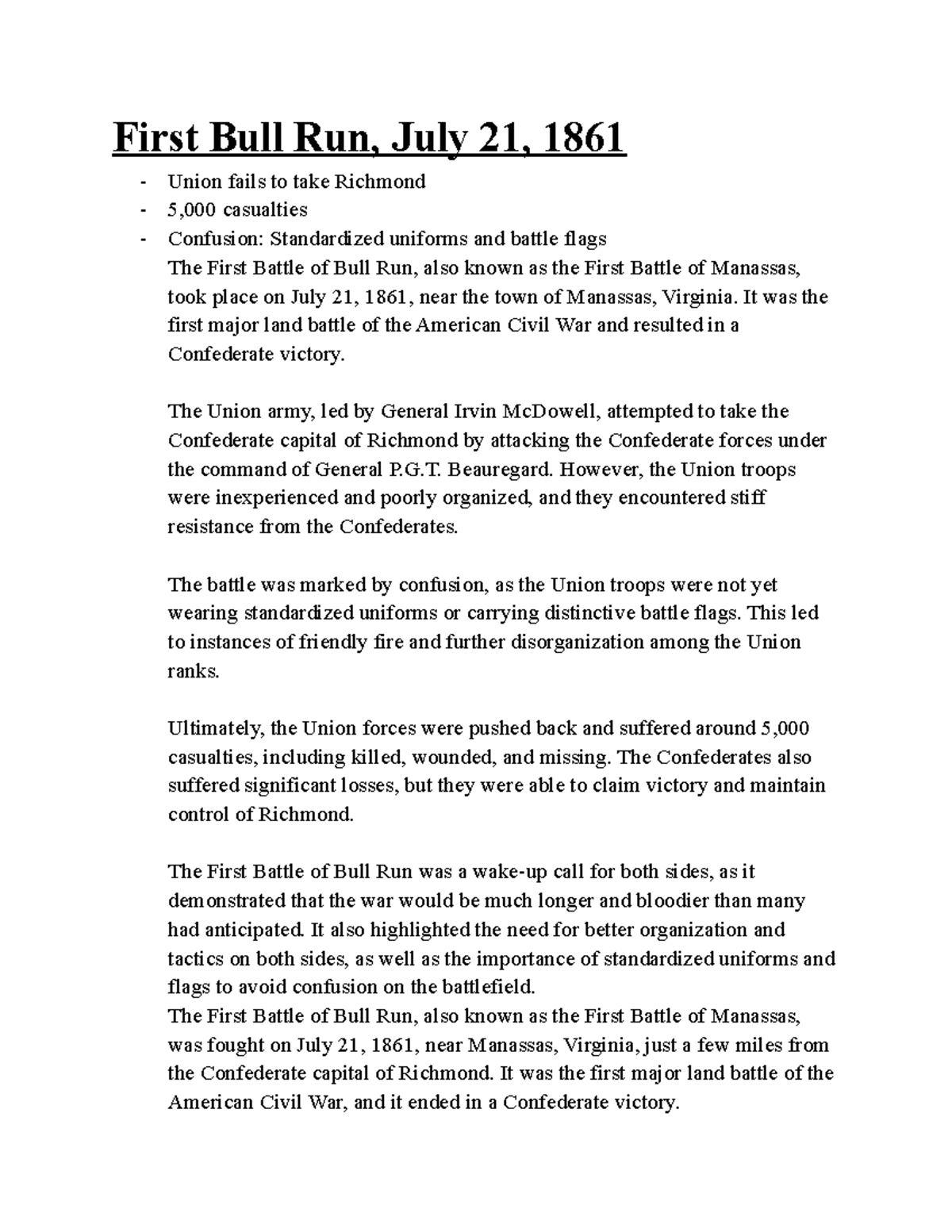 First Bull Run, July 21, 1861 - First Bull Run, July 21, 1861 Union ...