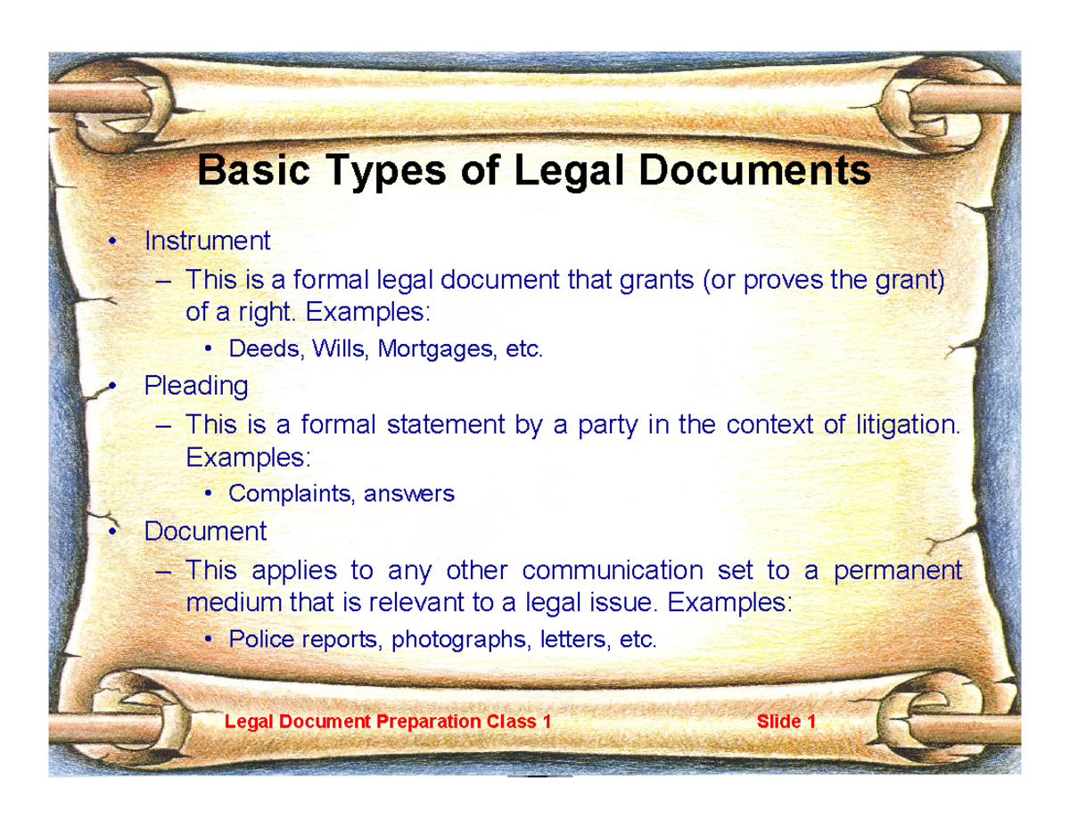 Slides 01 - Akbar - Basic Types of Legal Documents • Instrument – - Studocu