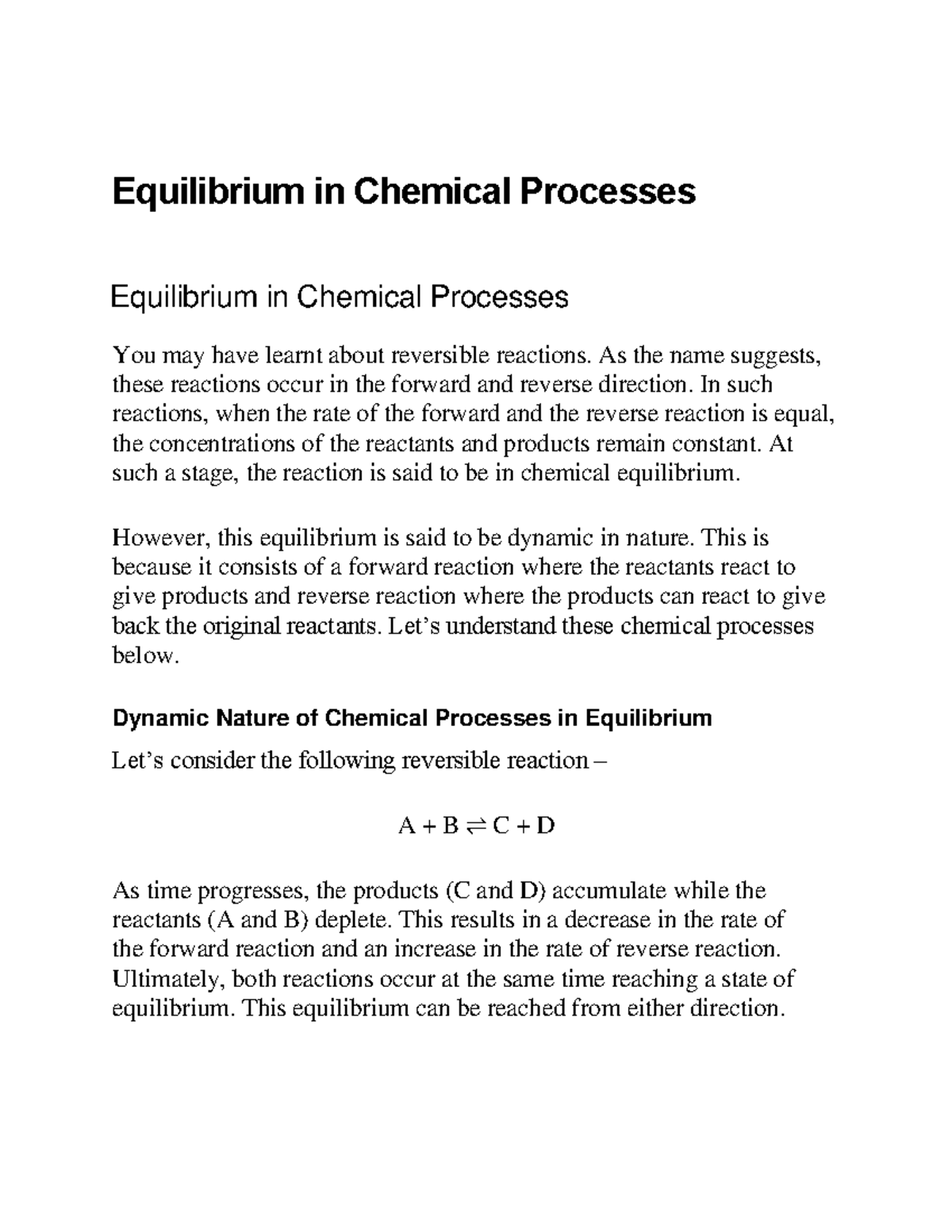 Equilibrium in Chemical Processes - Equilibrium in Chemical Processes ...
