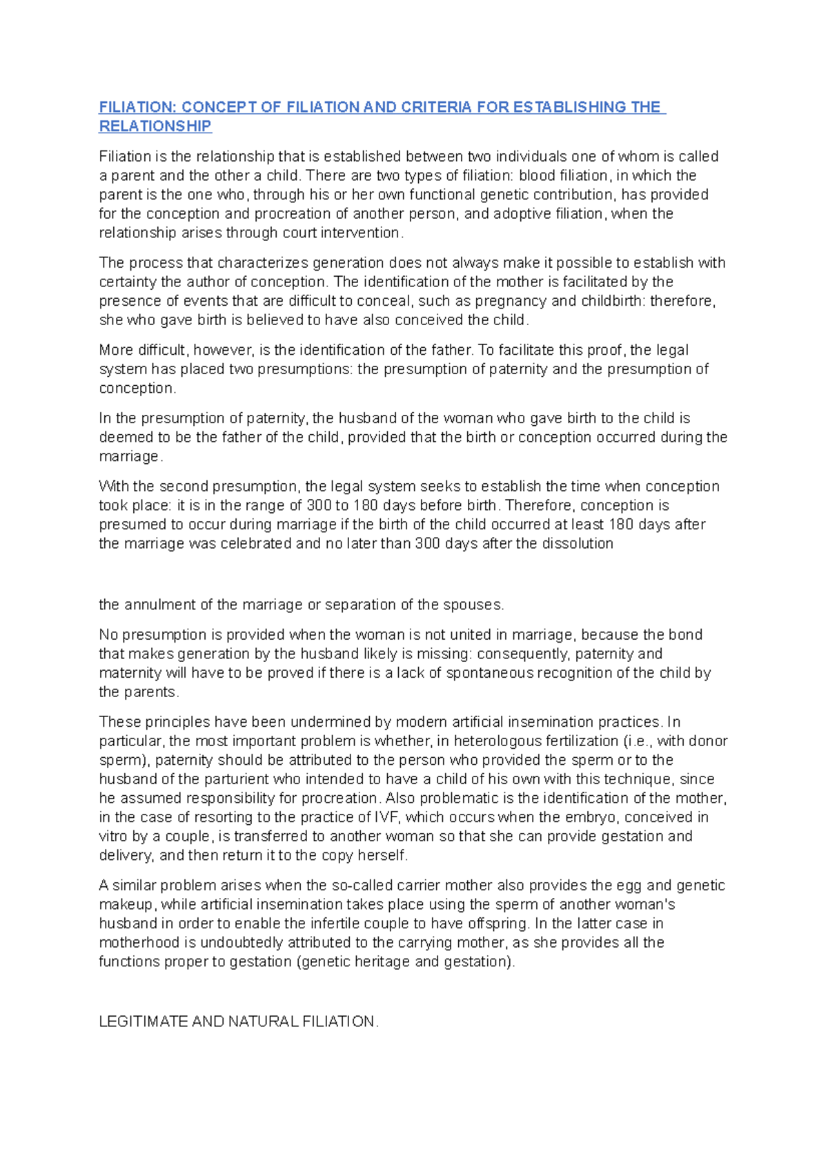 Filiation Concept OF Filiation AND Criteria FOR Establishing THE ...