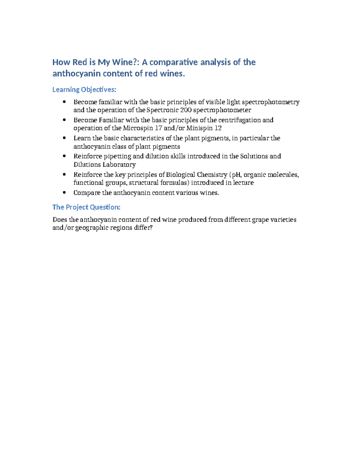 Spectrophotometry Methods Lab Handout - How Red is My Wine?: A ...
