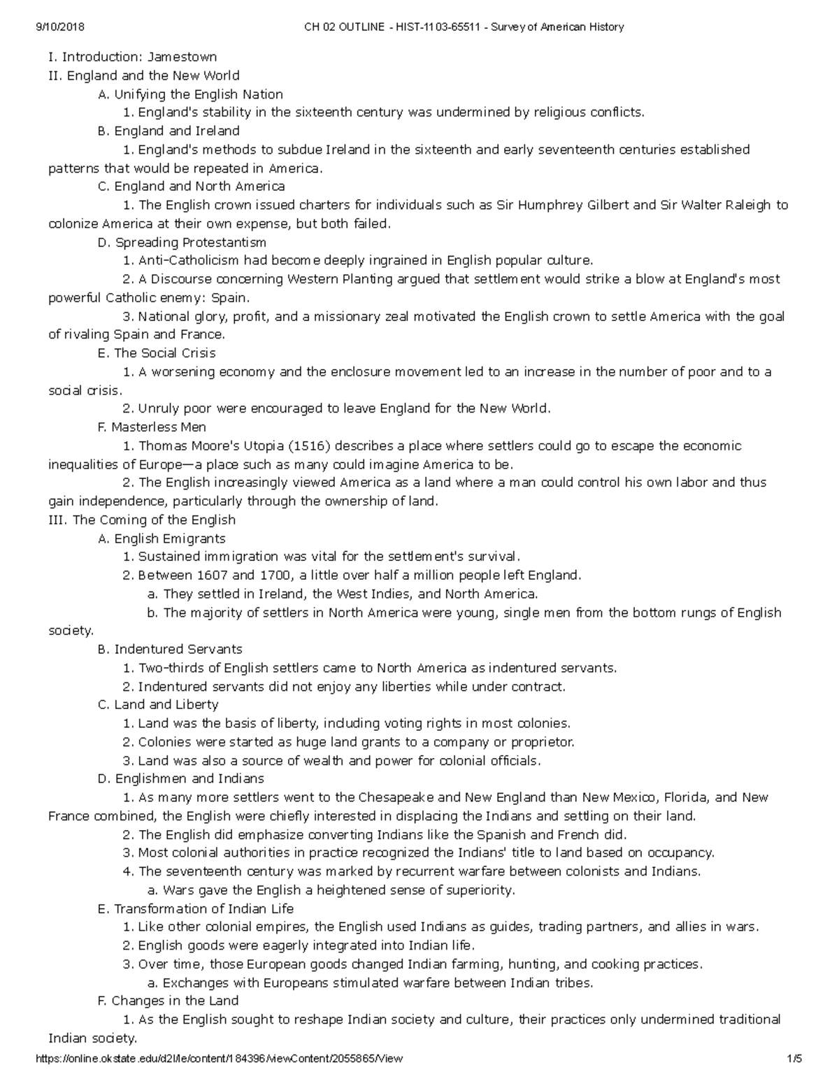 Ch2 Outline - Lecture notes 2 - 9/10/2018 CH 02 OUTLINE - HIST-1103 ...