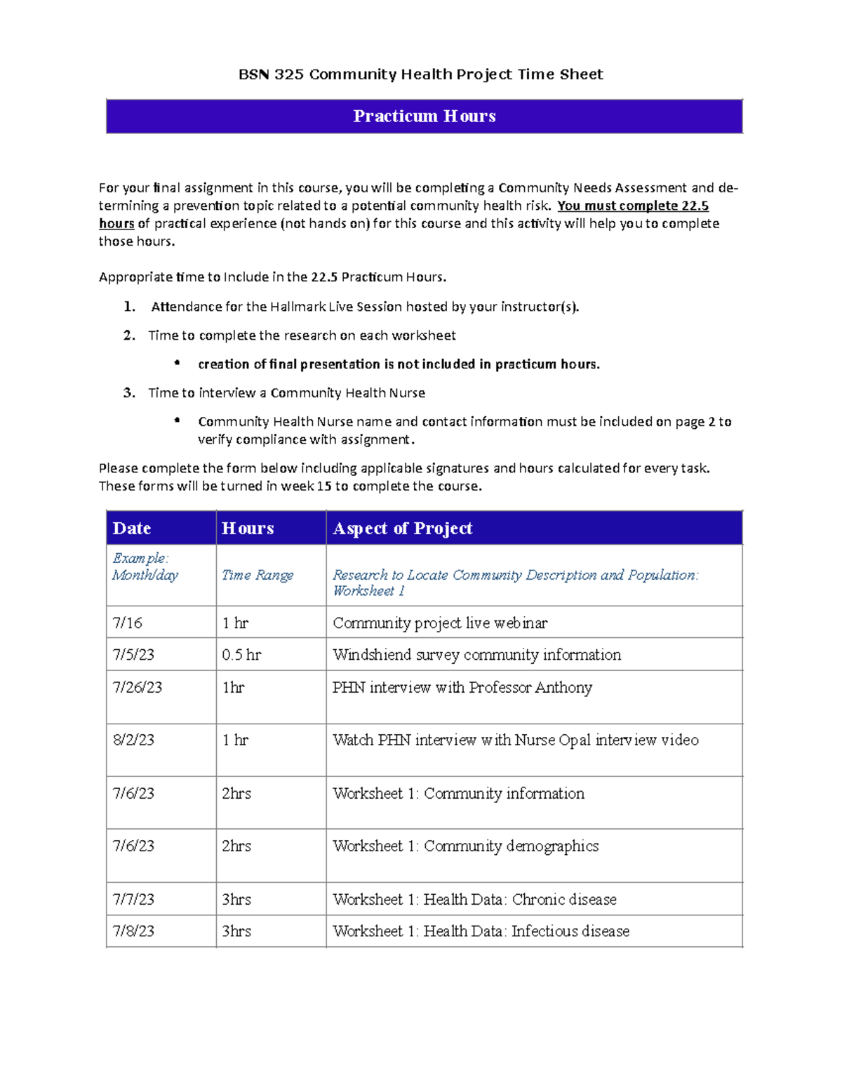 Hallmark Practicum Time Sheet - BSN 325 Community Health Project Time ...