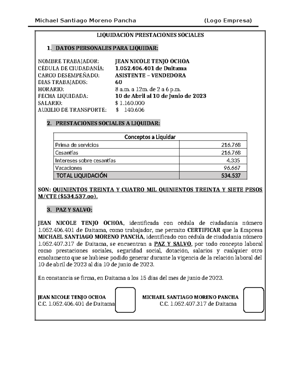 Liquidacion Prestaciones Sociales - Michael Santiago Moreno Pancha ...