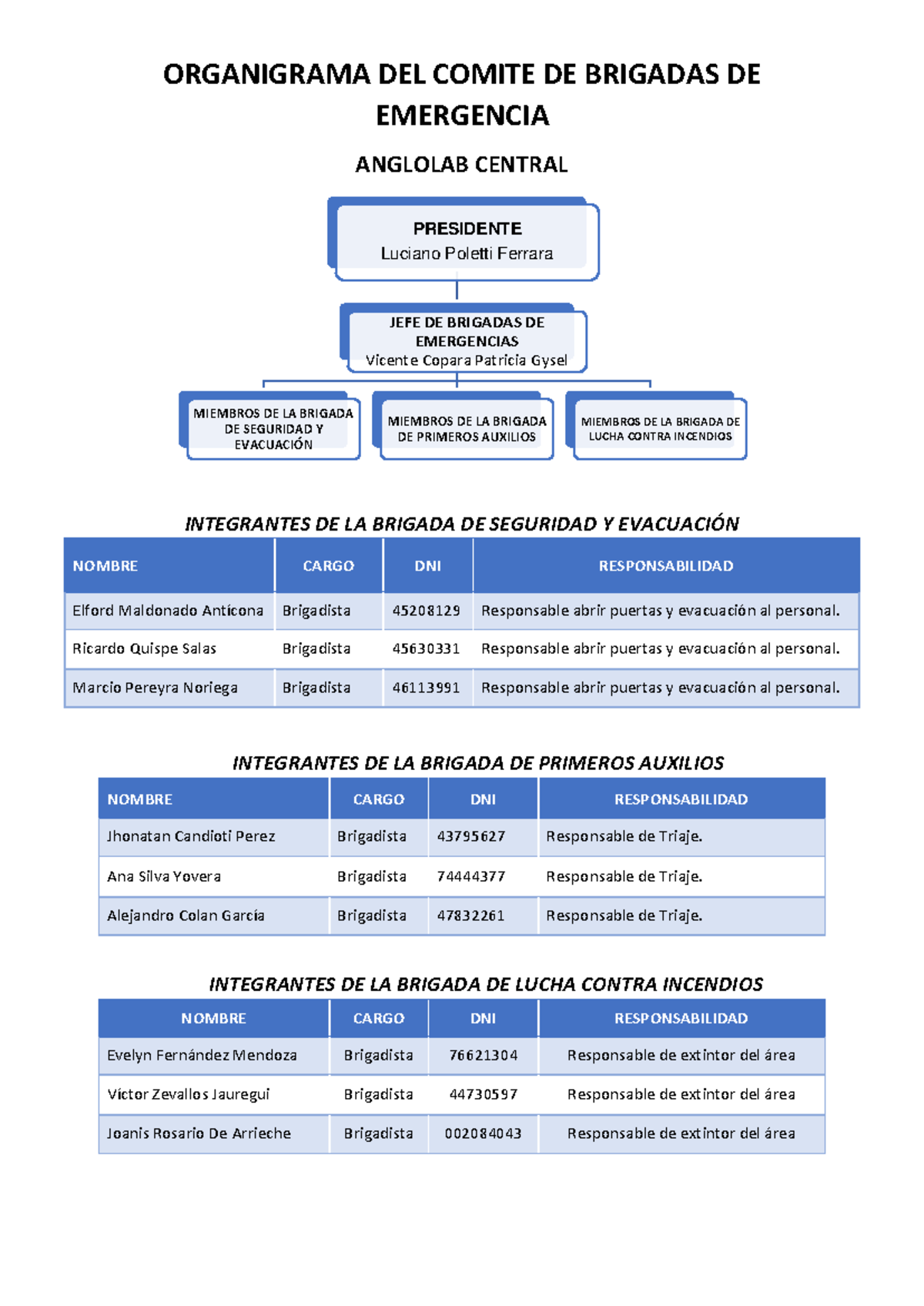 Organigrama - Brigada DE Emergencia - ORGANIGRAMA DEL COMITE DE BRIGADAS DE EMERGENCIA ANGLOLAB ...