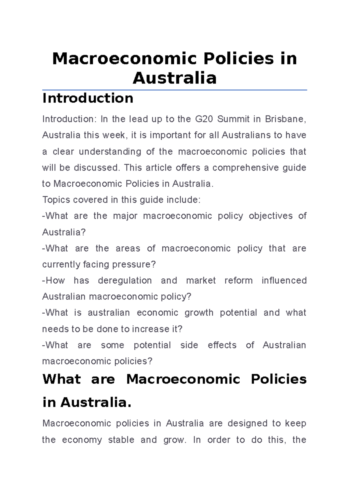 Macroeconomic Policies in Australia - Macroeconomic Policies in ...