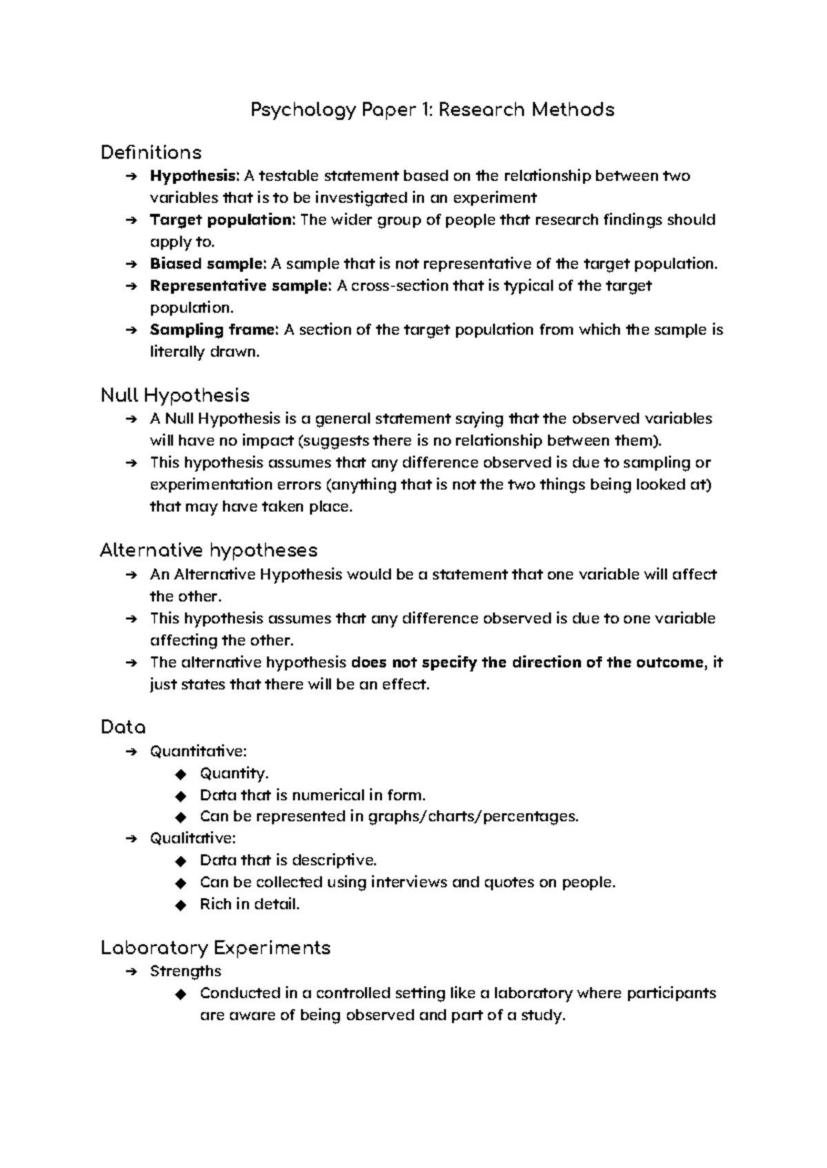 Psychology Paper 1 Research Methods - Psychology Paper 1: Research Methods Definitions ...