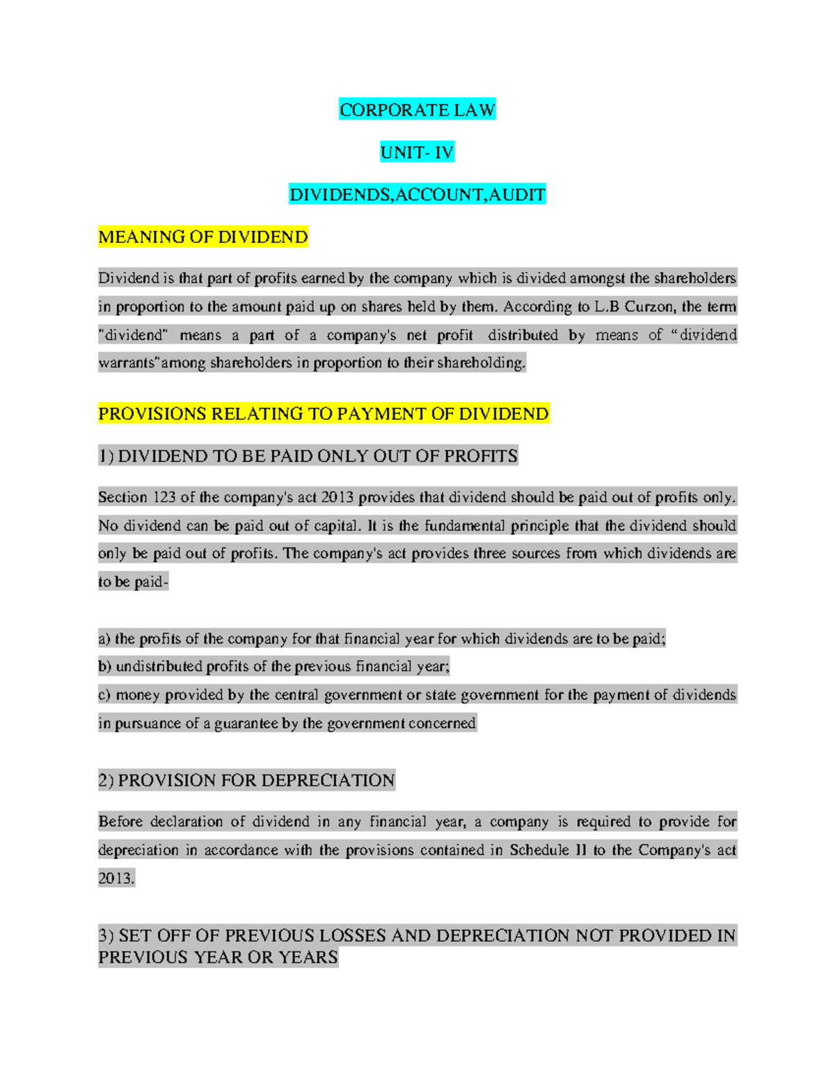 Dividends, Audit - Notes - CORPORATE LAW UNIT- IV DIVIDENDS,ACCOUNT ...