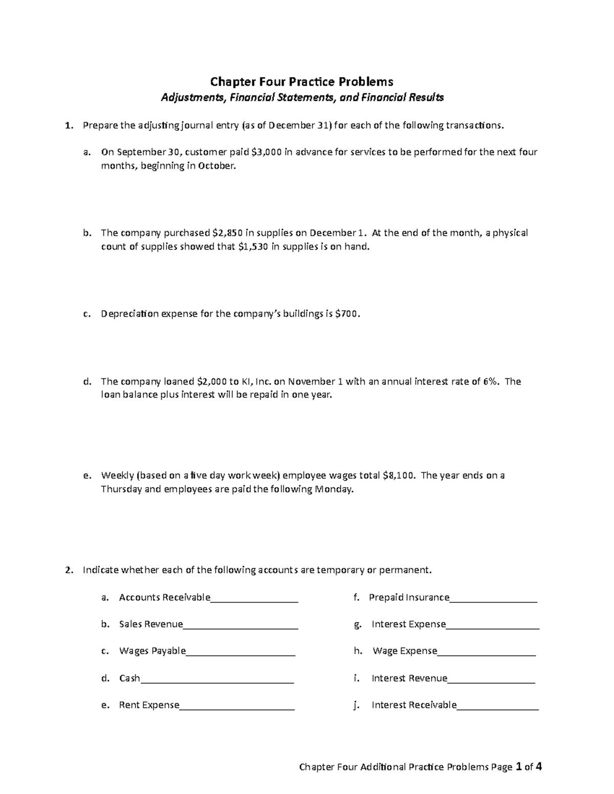 Chapter Four Additional Practice Problems - Chapter Four Practice ...