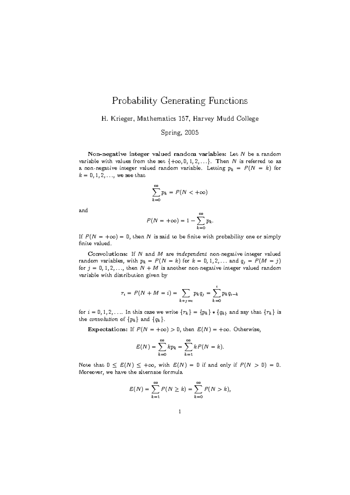 AST 201 (1) P. o. PGF - Probability Generating Functions H. Krieger, Mathematics 157, Harvey ...