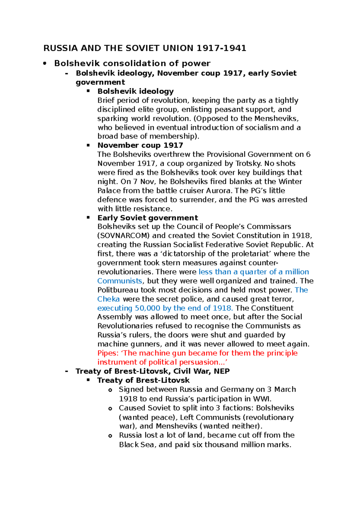 Notes Russia Soviet Union - RUSSIA AND THE SOVIET UNION 1917- Bolshevik ...