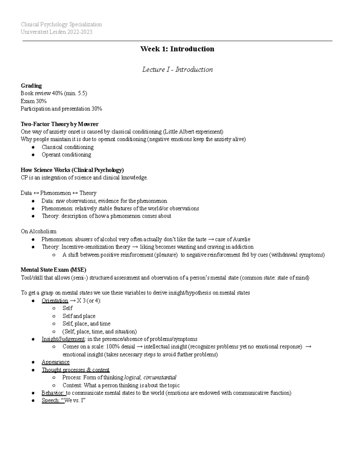 Clinical Psychology Lectures - Universiteit Leiden 2022- Week 1: Introduction Lecture I ...