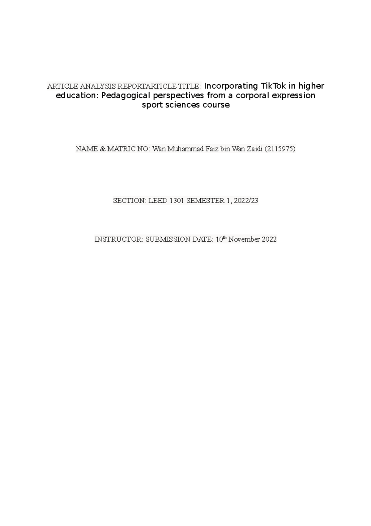 Report LEED - 3jkn34kjklo2o32o23po - ARTICLE ANALYSIS REPORTARTICLE ...