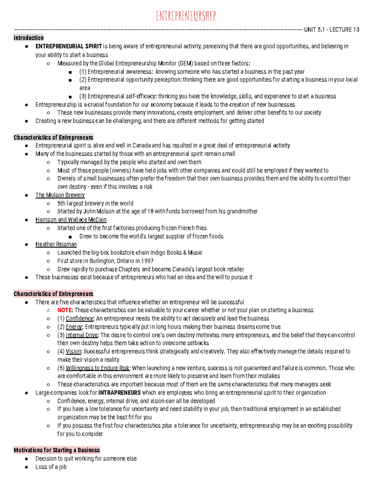 BUS 1201 - Chapter 5 (Lecture) - ENTREPRENEURSHIP - UNIT 5 - LECTURE 13 ...