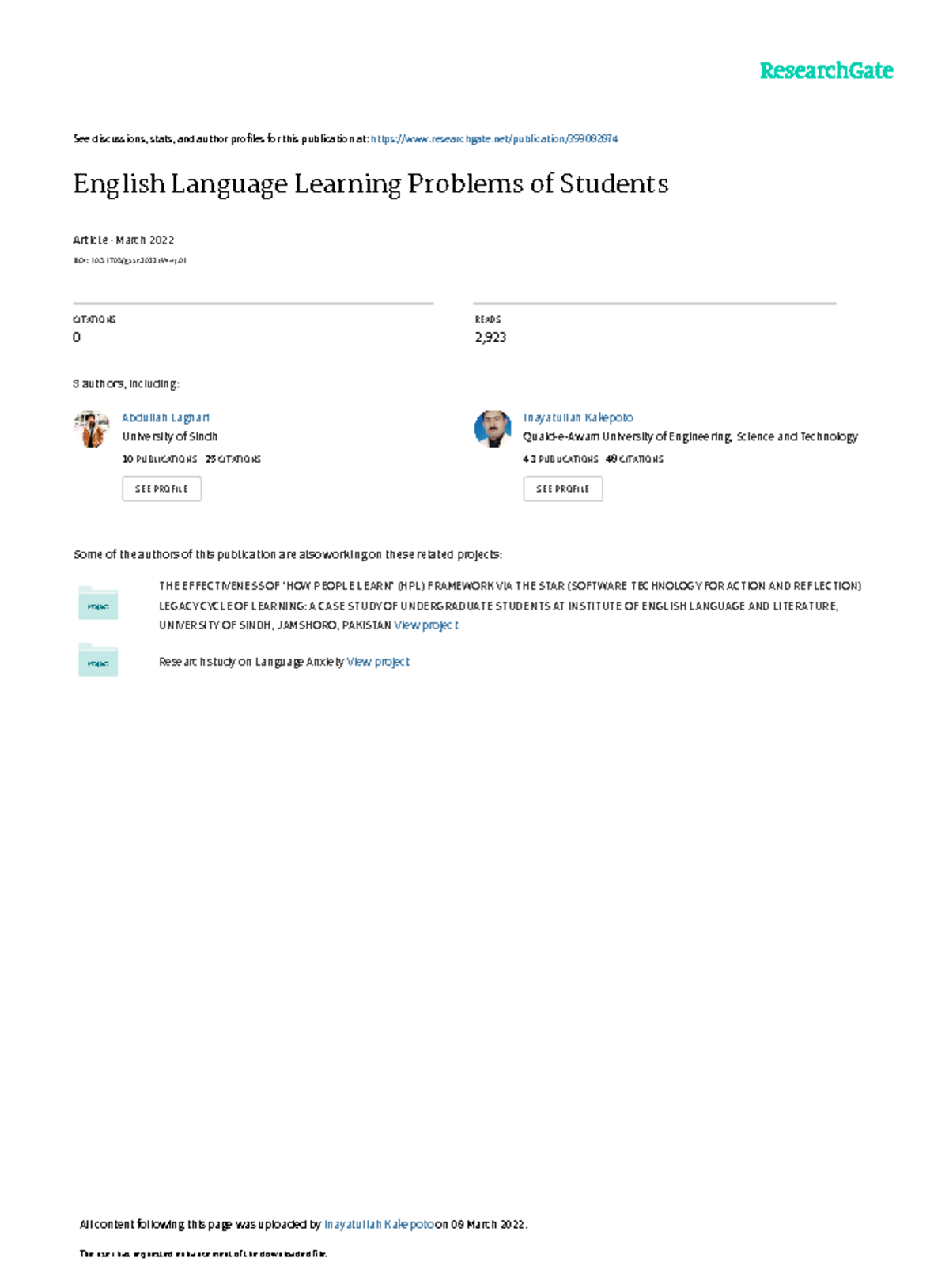English Language Learning Problemsof Students - See discussions, stats ...