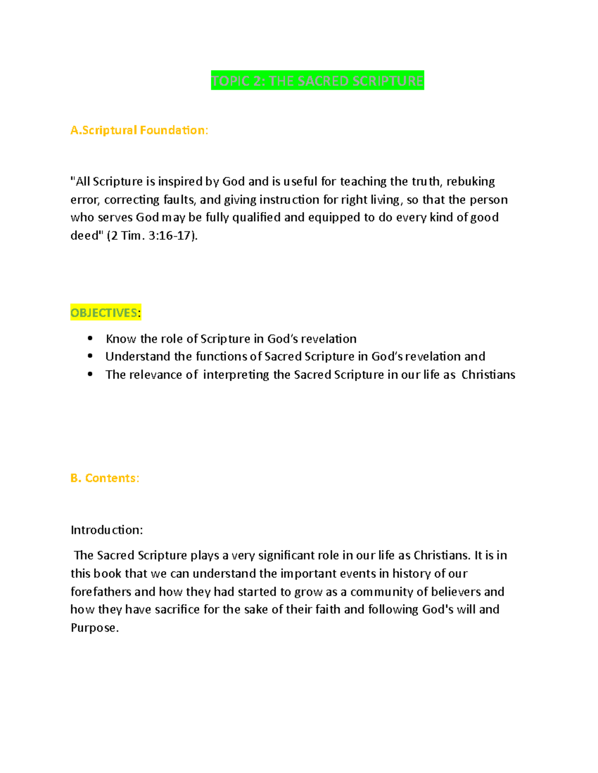 PART1-THE Sacred Scripture - TOPIC 2: THE SACRED SCRIPTURE A Foundation ...