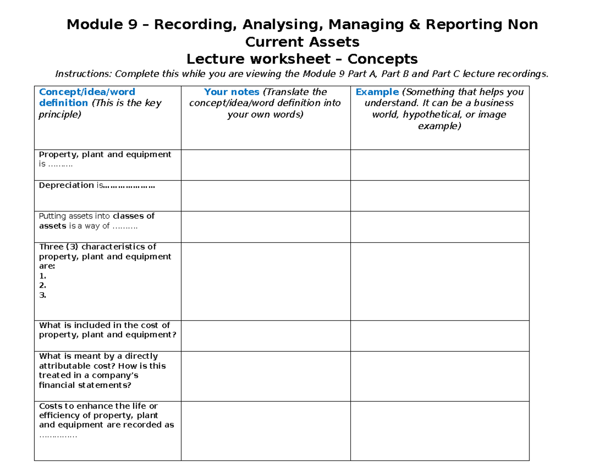 Module 9 Lecture worksheet s2 2023 - Module 9 – Recording, Analysing, Managing & Reporting Non ...