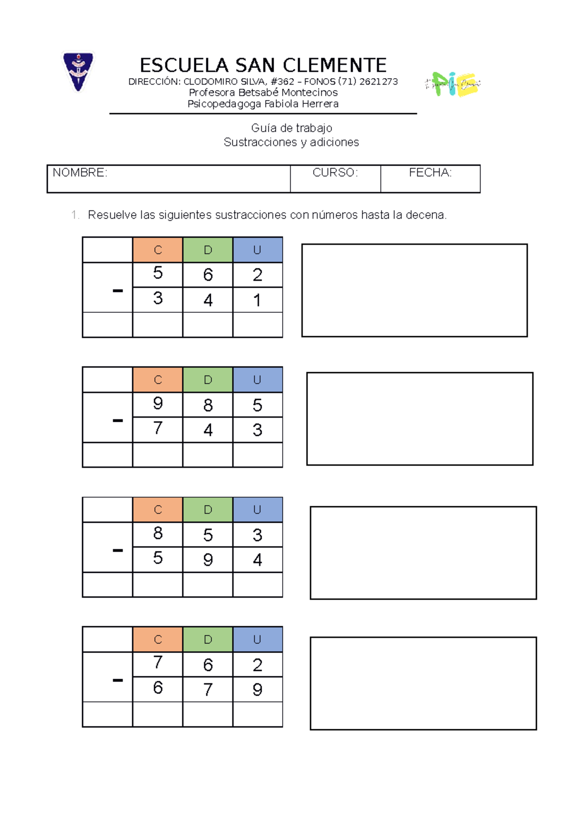 Guia de trabajo sumas y restas hasta la centena - DIRECCIÓN: CLODOMIRO ...