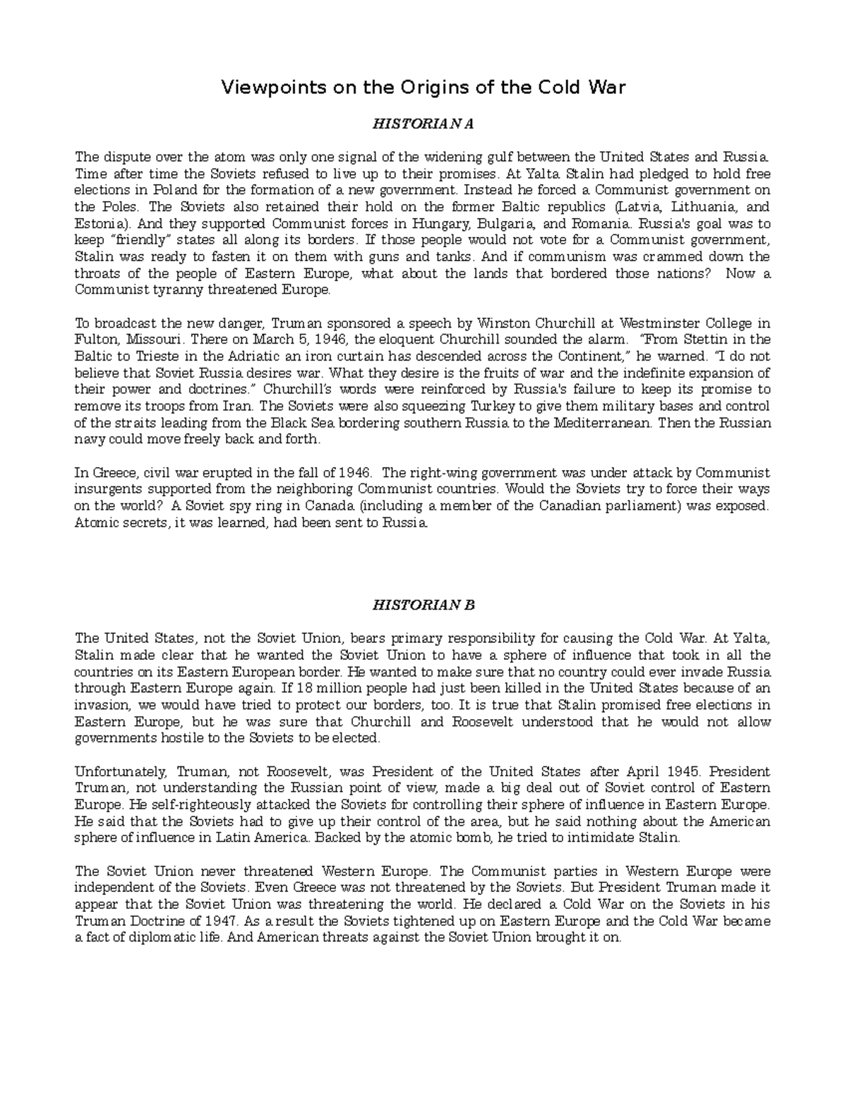 Copy of Copy of Origins of the Cold War - Viewpoints on the Origins of ...