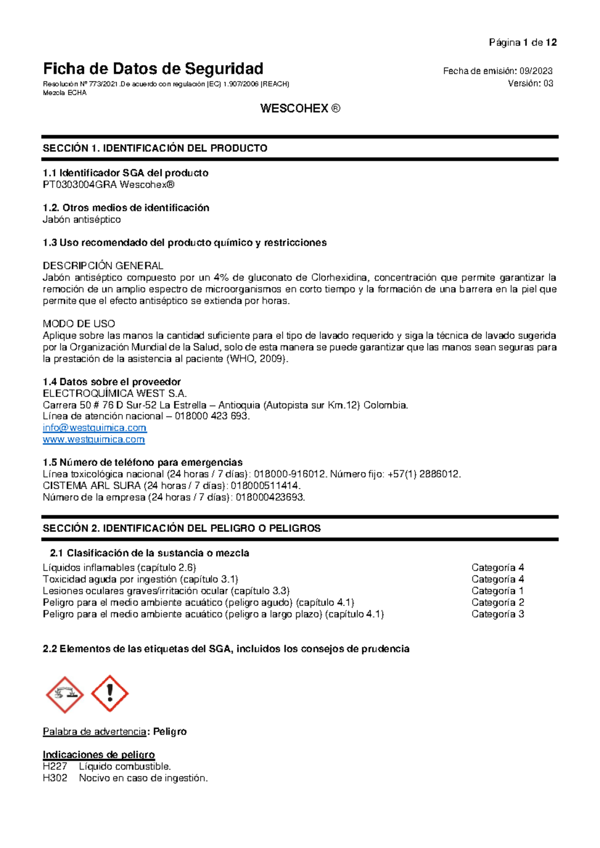 Ficha De Seguridad SGA Wescohex V3 09 2023 - Ficha de Datos de Seguridad Fecha de emisión: 09 / ...
