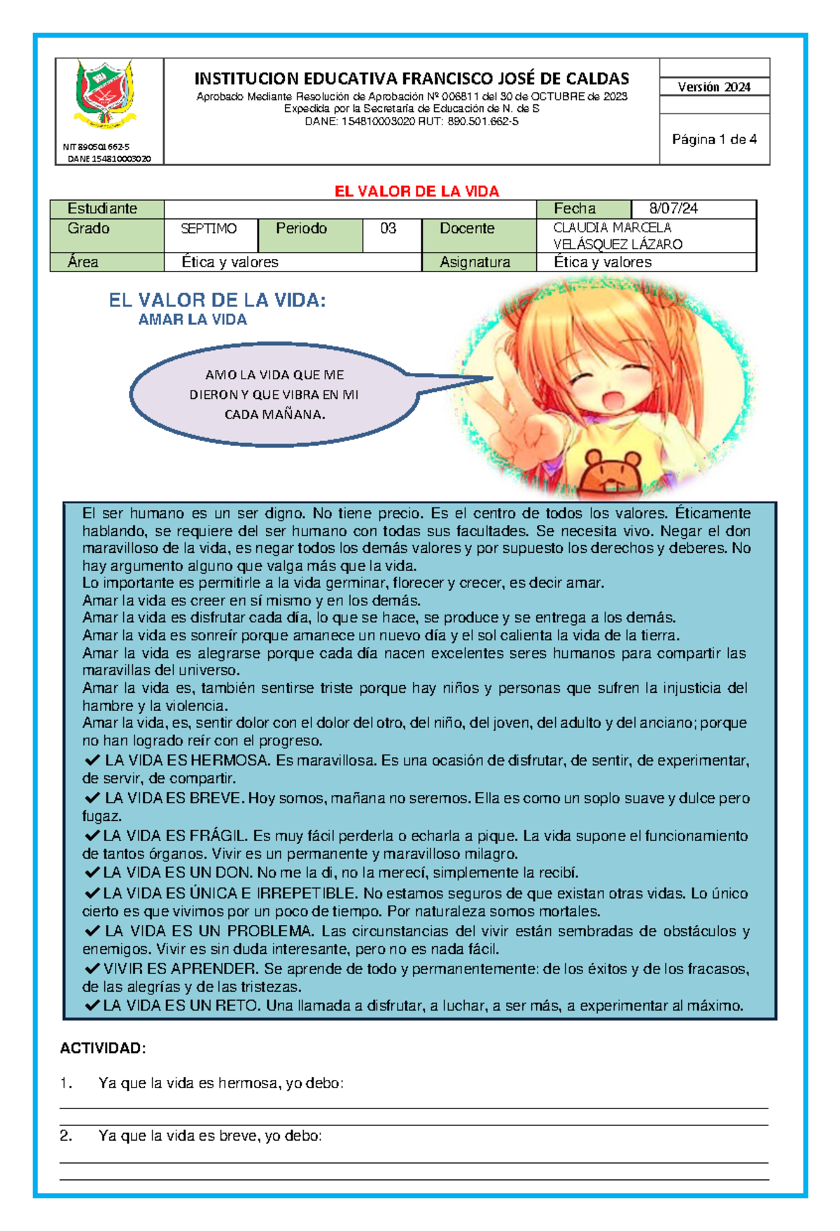 6. GUIA MI Cuerpo - NIT 890501662- 5 DANE 154 810003020 INSTITUCION ...
