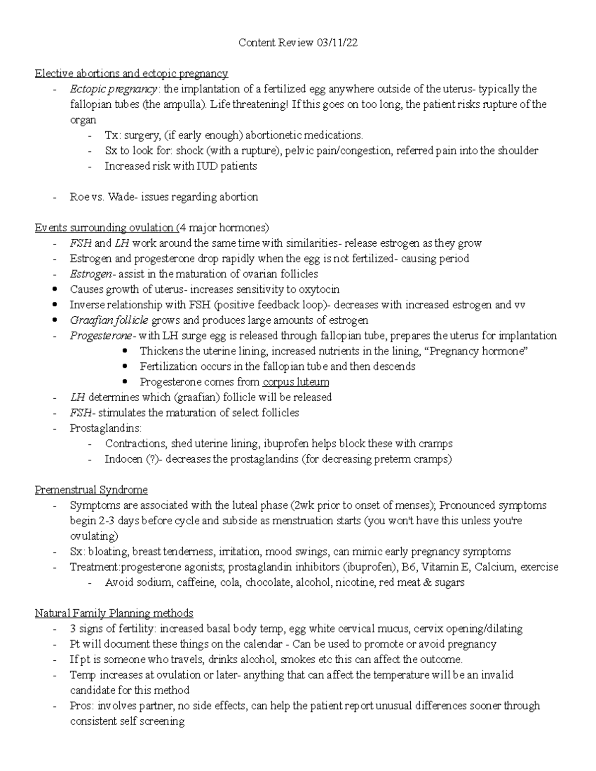 OB test 1 review 1 - Content Review 03/11/ Elective abortions and ...
