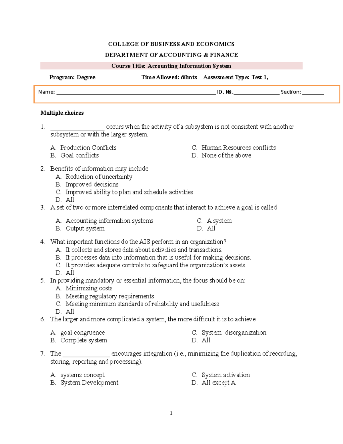 Test One Chapter One - Assignment - COLLEGE OF BUSINESS AND ECONOMICS ...