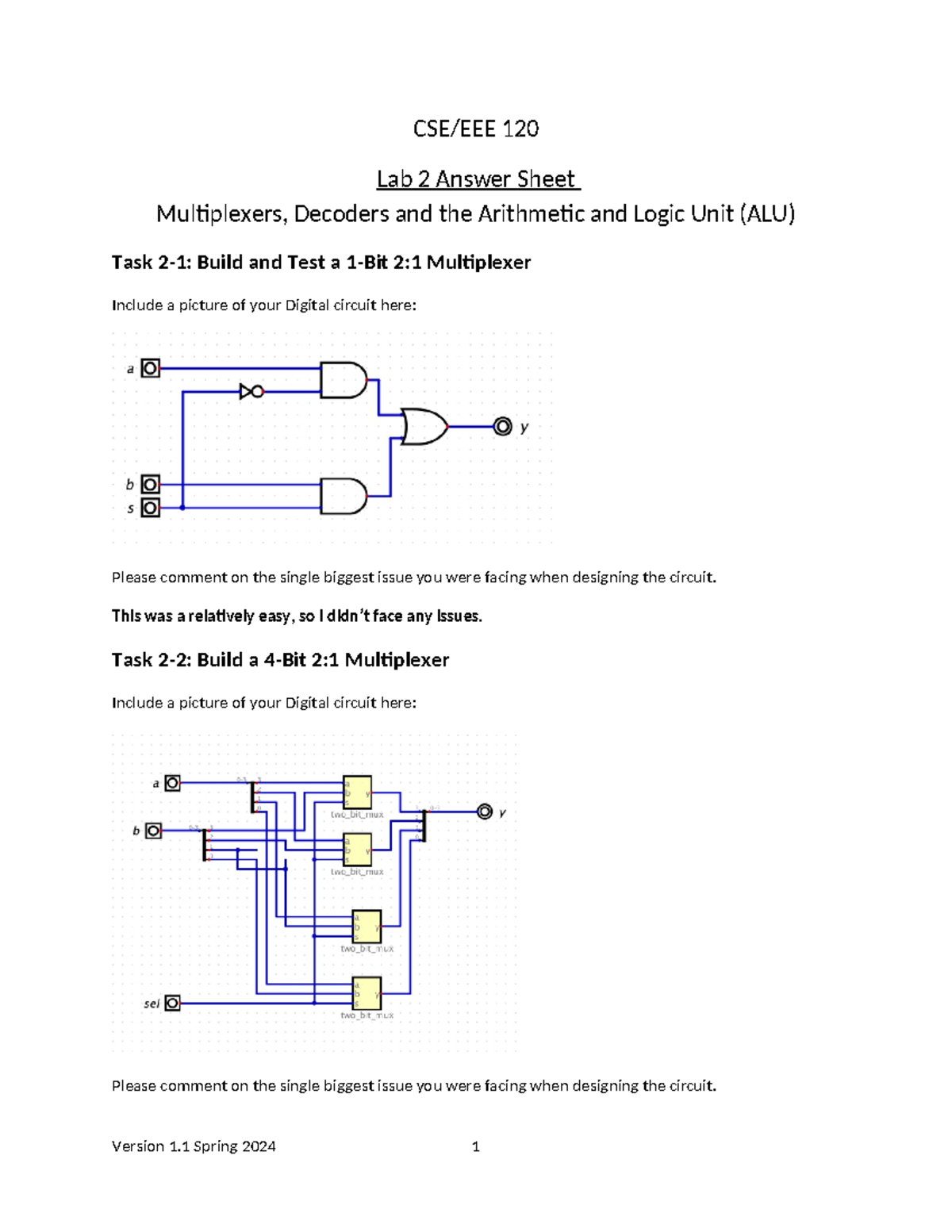 Lab2Template - CSE/EEE 120 Lab 2 Answer Sheet Multiplexers, Decoders and the Arithmetic and ...