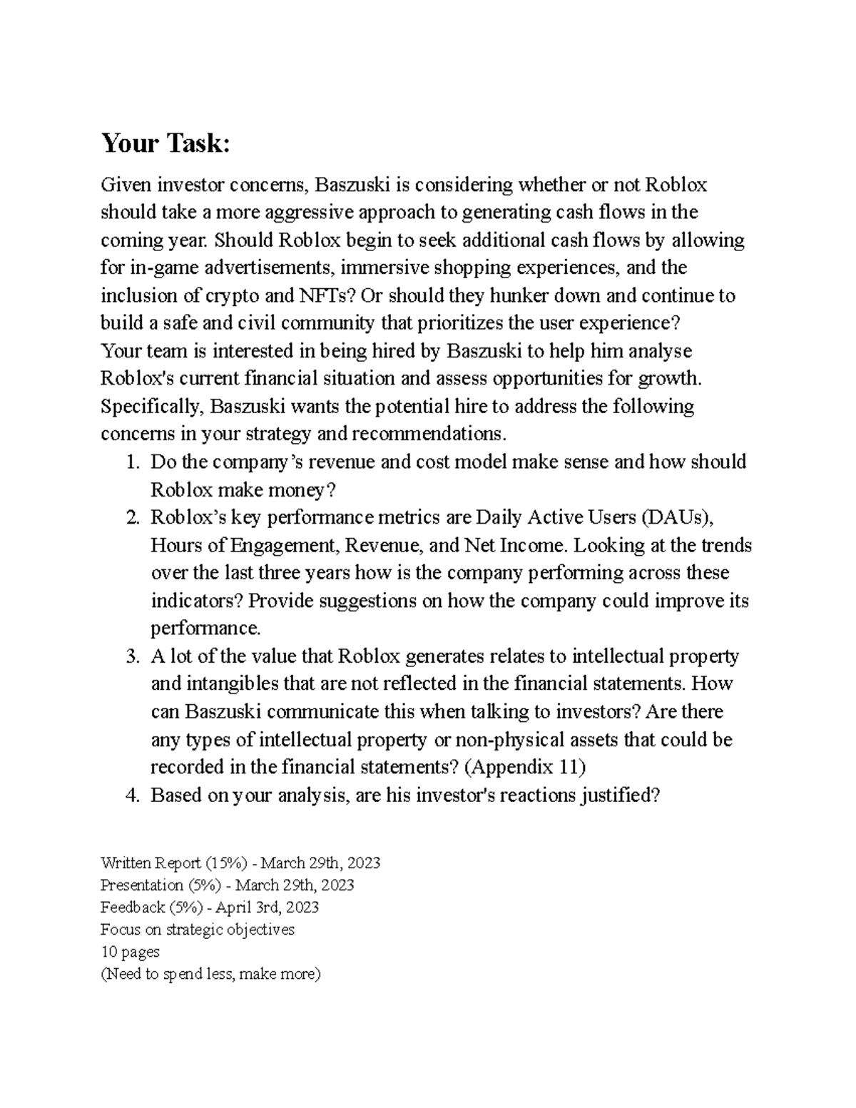 MANA 201 Group Project - Roblox - Your Task: Given investor concerns ...
