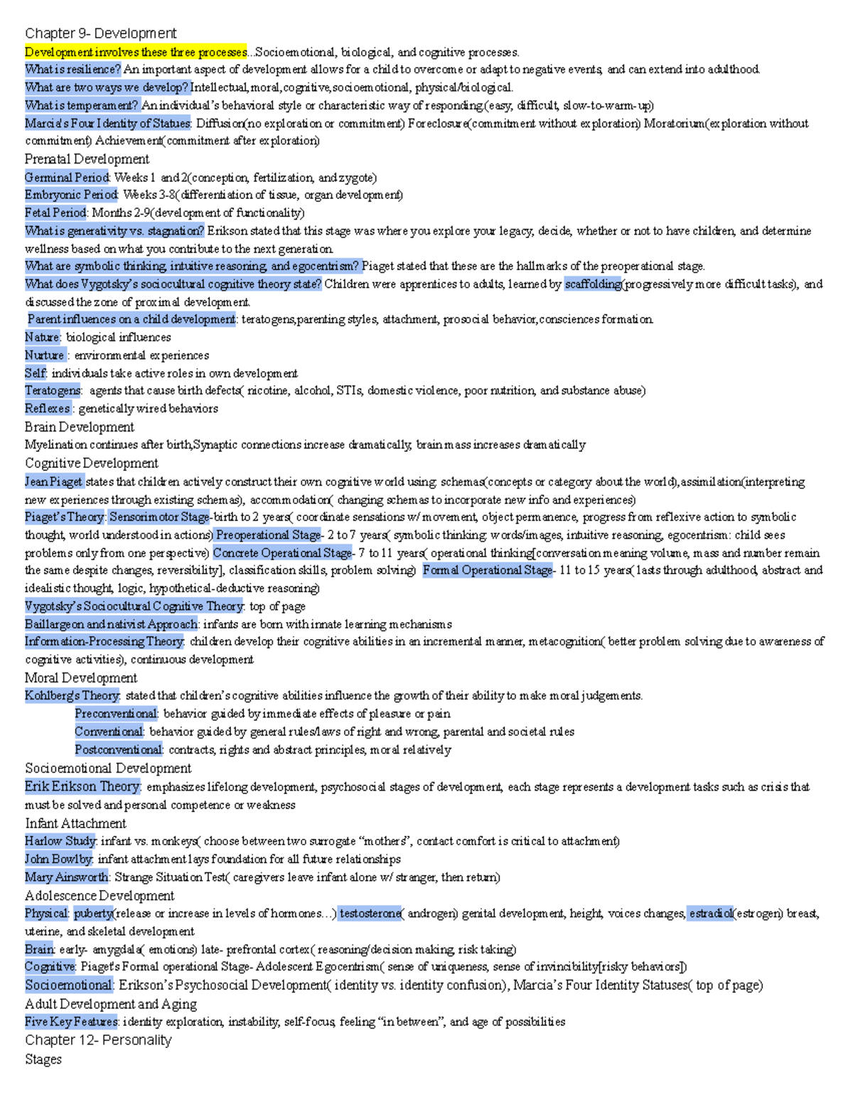 Study Guide Ch. 9-12 - Chapter 9- Development Development involves ...