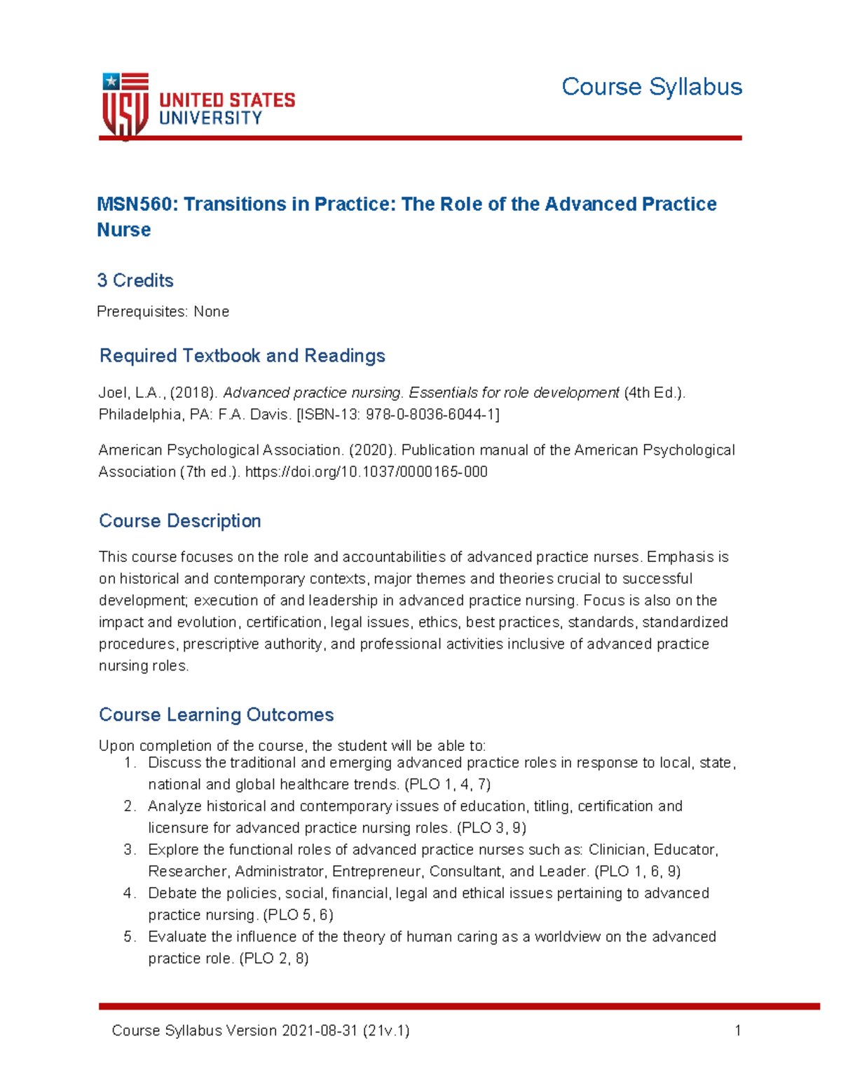 Syllabus msn 560 - MSN560: Transitions in Practice: The Role of the ...