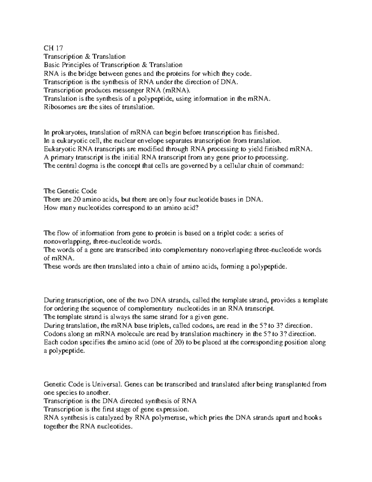 Ch17notes - biology 101 lecture notes - CH 17 Transcription ...