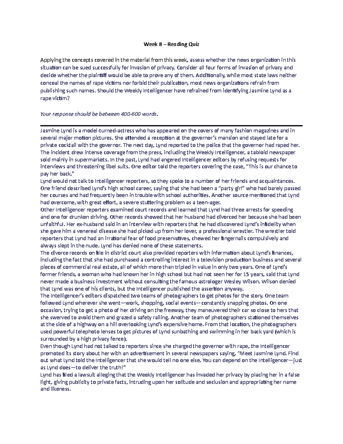 Week 8 Reading Quiz - Week 8 – Reading Quiz Applying the concepts ...