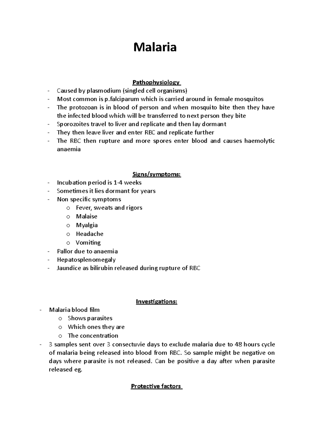 Malaria lecture notes - Malaria Pathophysiology Caused by plasmodium ...