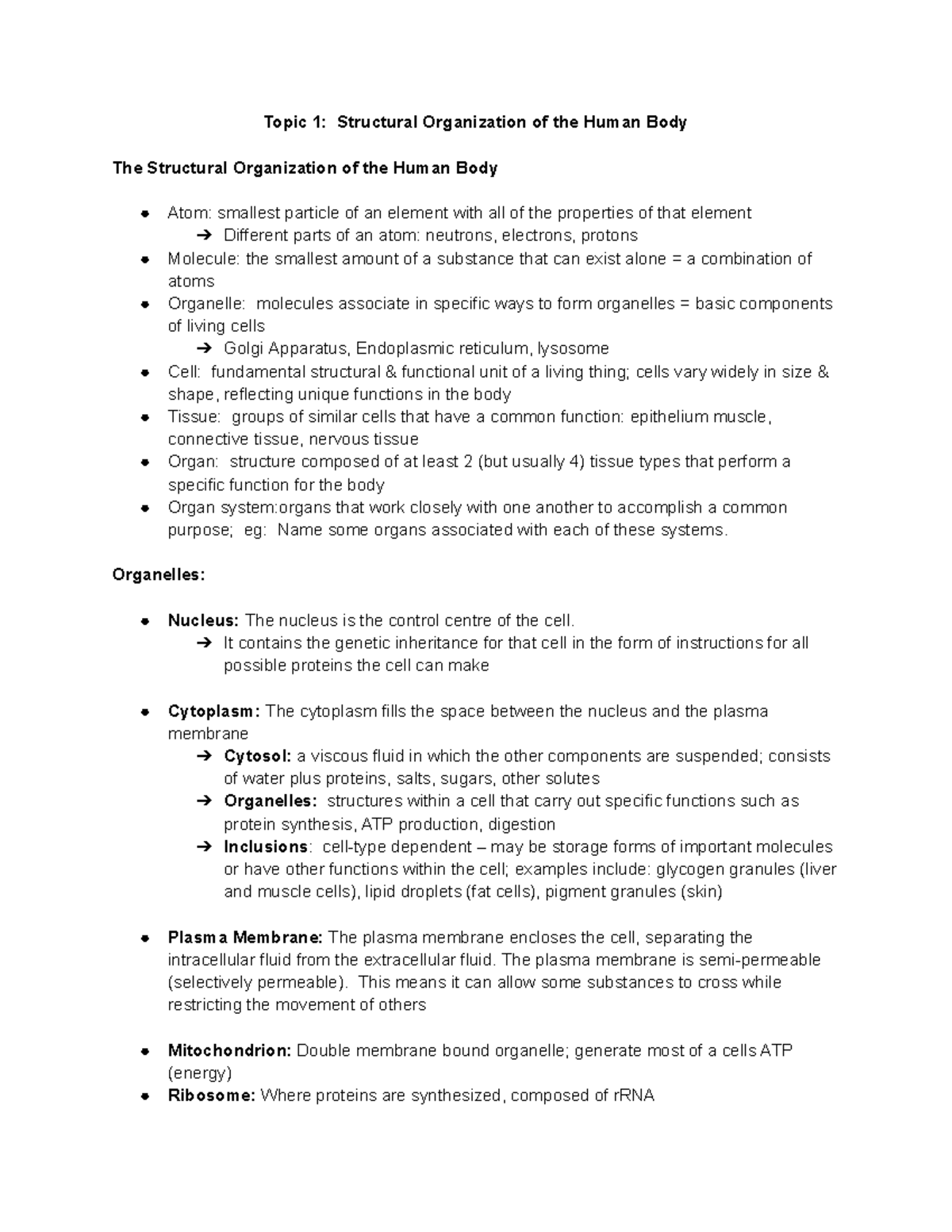 Topic 1 Structural Organization of the Human Body - Organelles: Nucleus ...